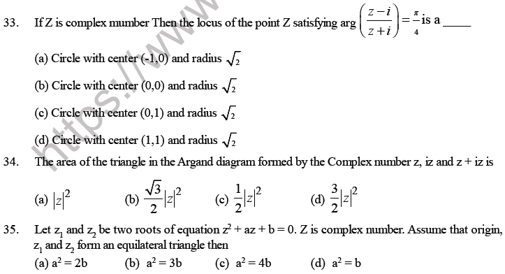 JEE Mathematics Complex Numbers MCQs Set A with Answers